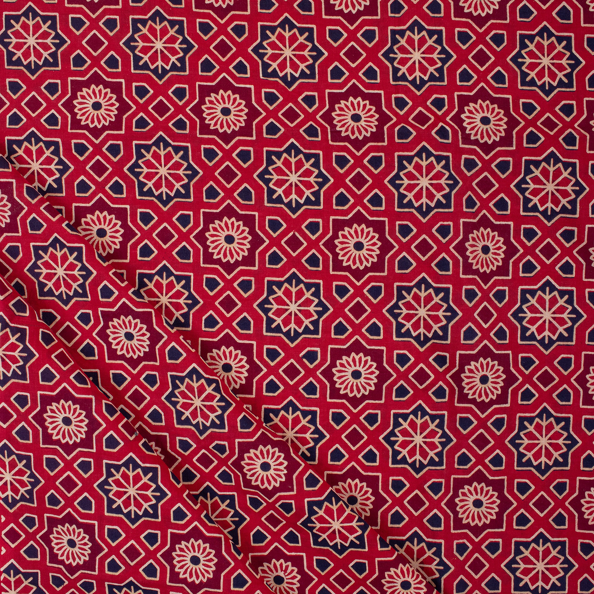 Buy Red Floral Block Printed Pure Cotton Sindhi Ajrak Fabric Online
