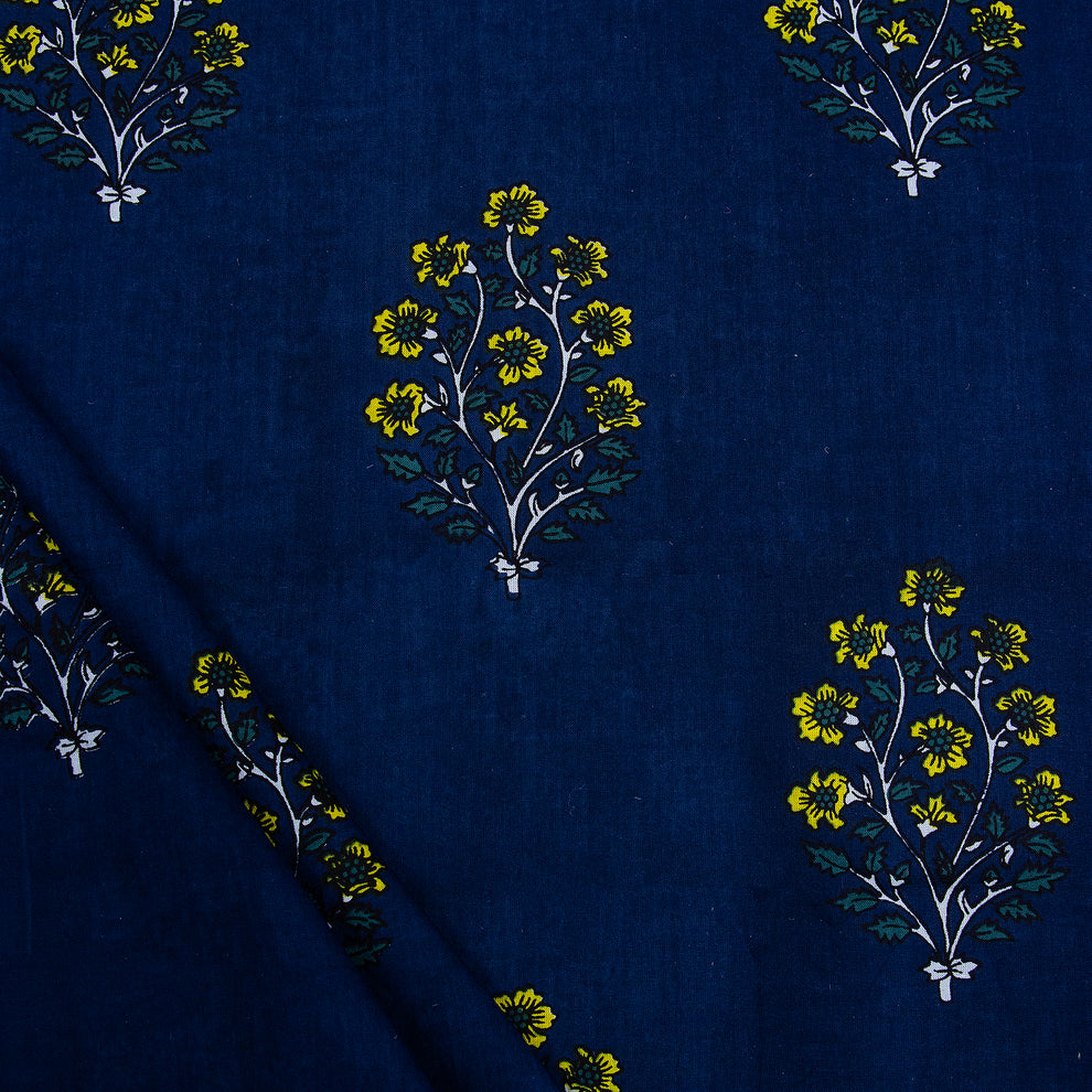 Buy Softest Blue Floral Hand Block Print Fabric Online