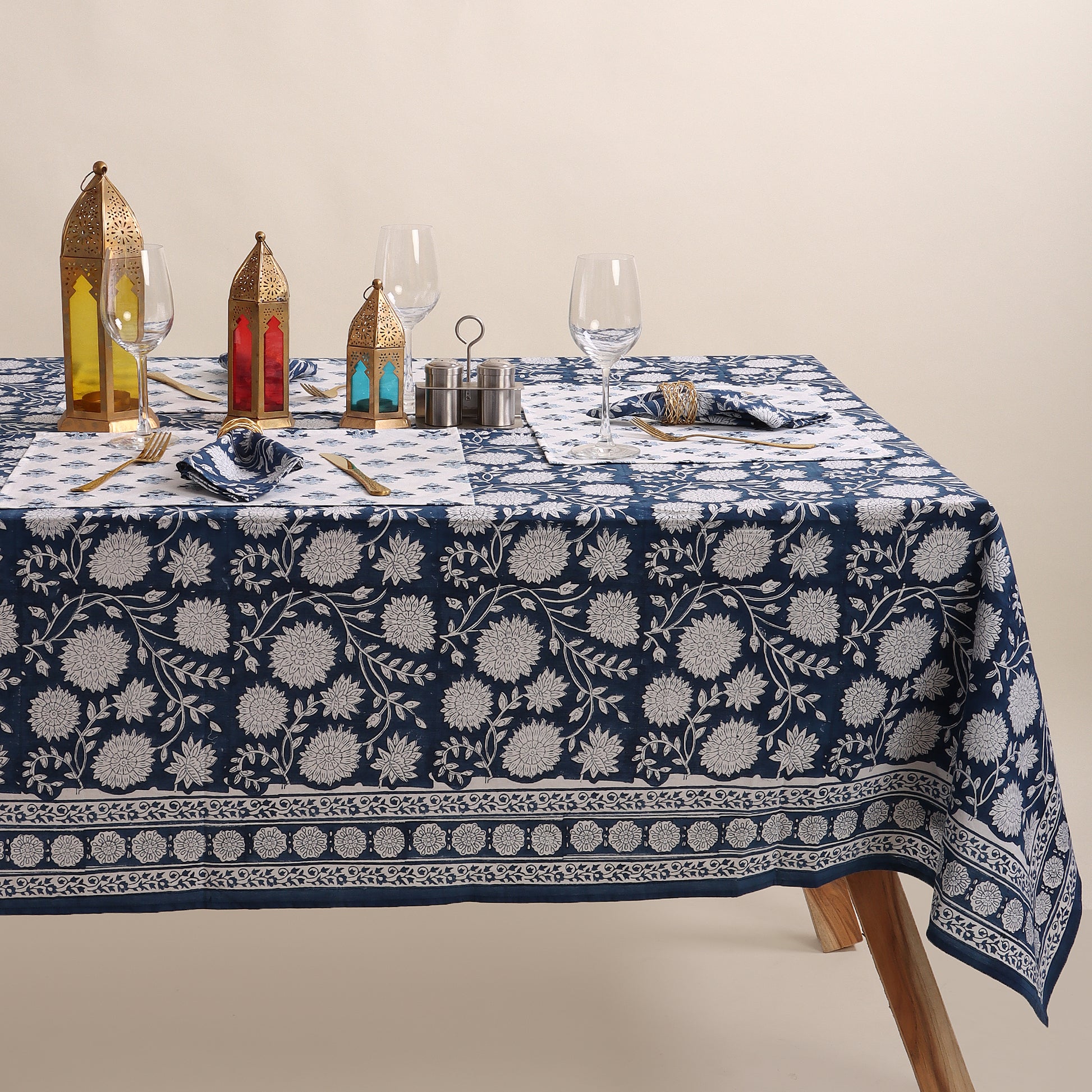 Buy Hand Block Blue Floral Printed Cotton Table Cloth Online