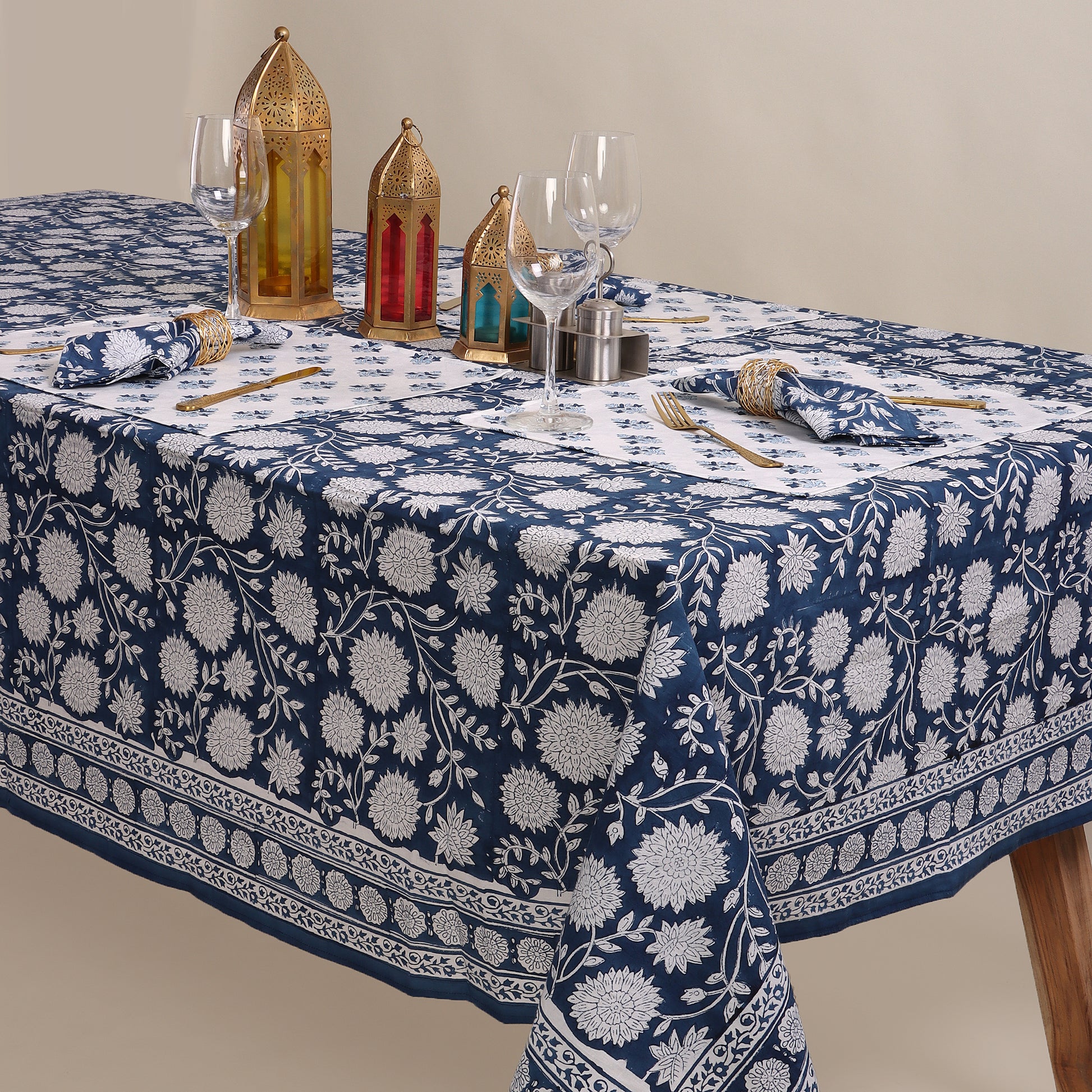 Buy Hand Block Blue Floral Printed Cotton Table Cloth Online