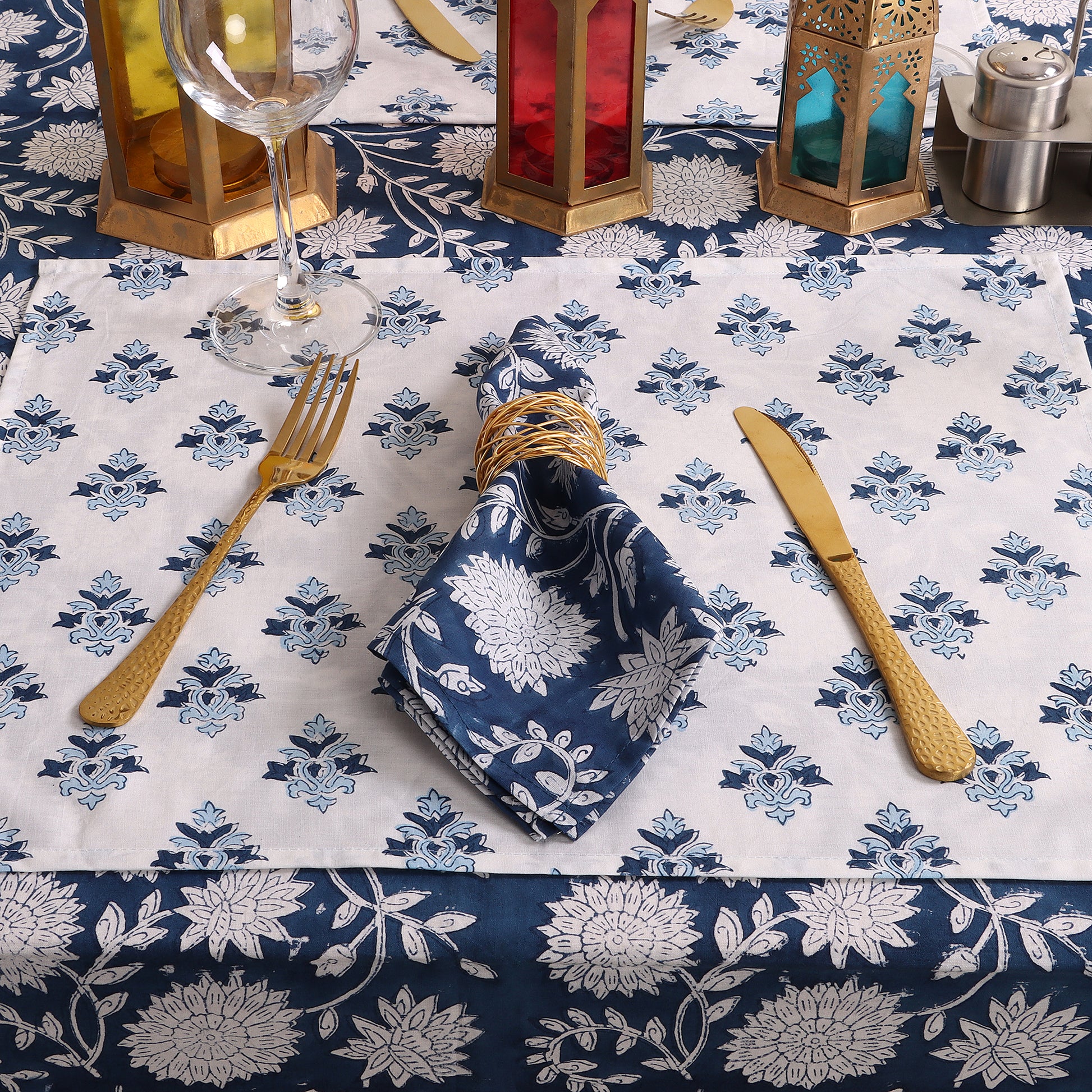 Buy Hand Block Blue Floral Printed Cotton Table Cloth Online